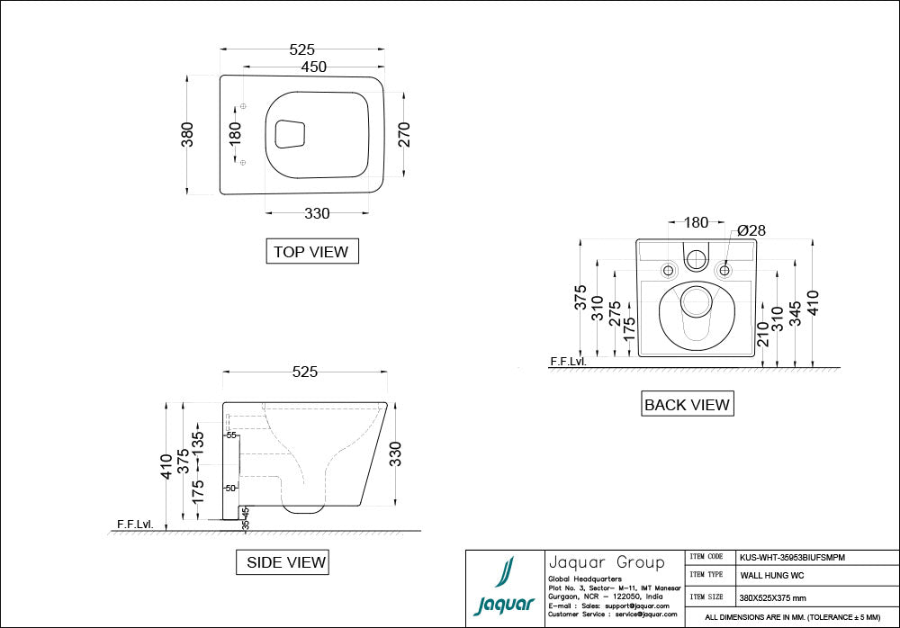 JAQUAR RIMLESS WALL HUNG WC KUBIX PRIME KUS-WHT-35953BIUFSMPM – WHITE ...